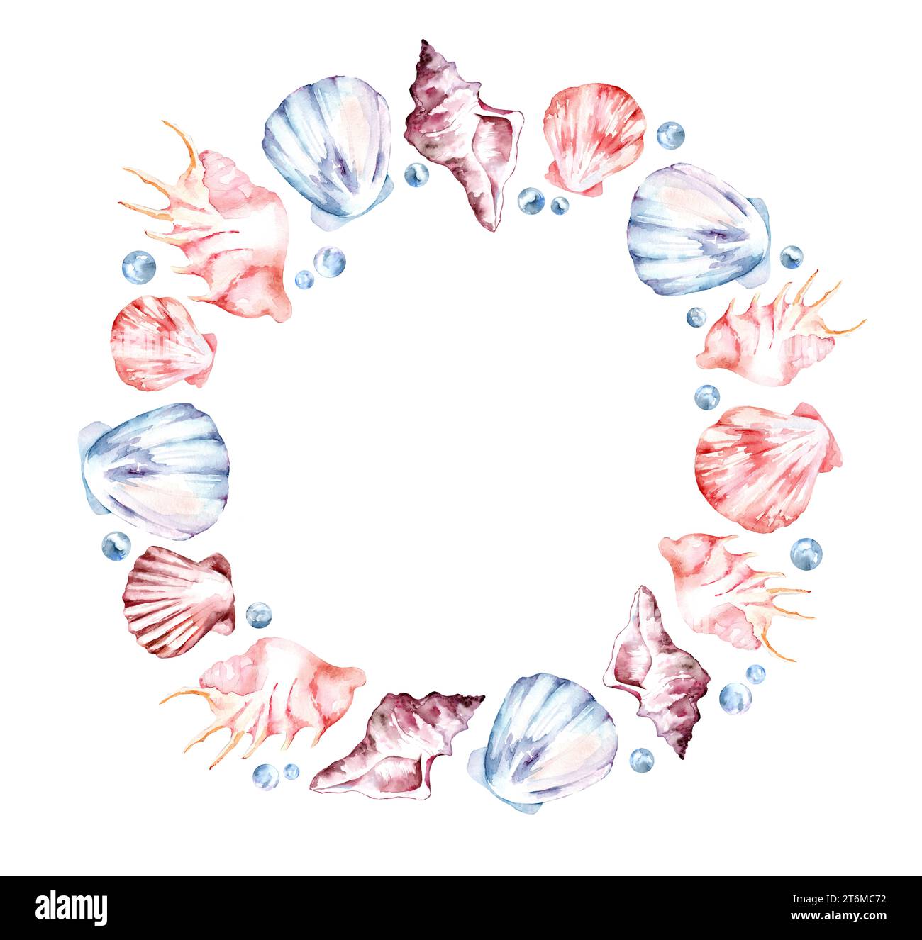 Seashell Round Frame. Hand drawn watercolor illustration of border with ...