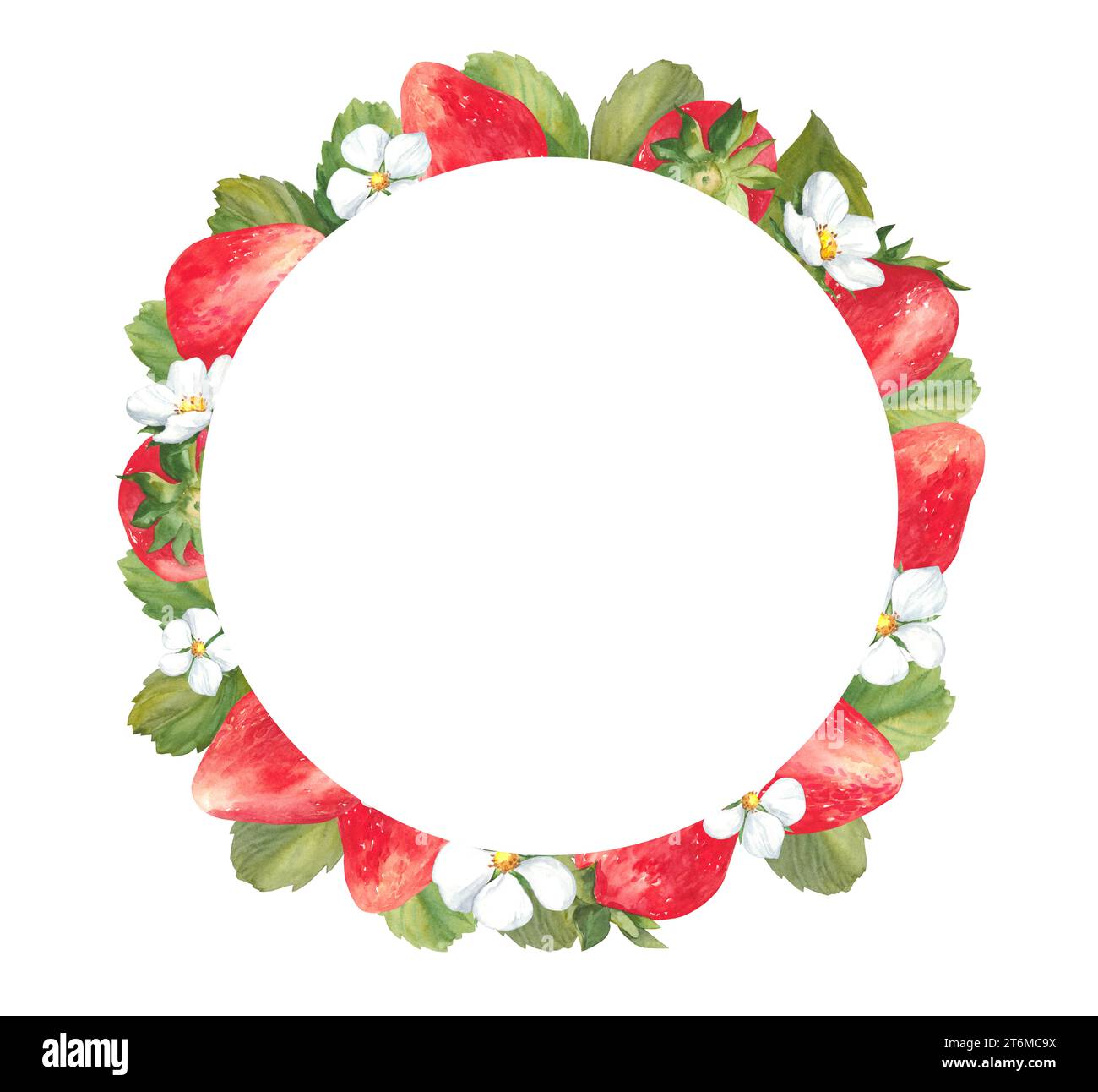 Strawberry Round watercolor Frame. Bright red berries and green leaves ...