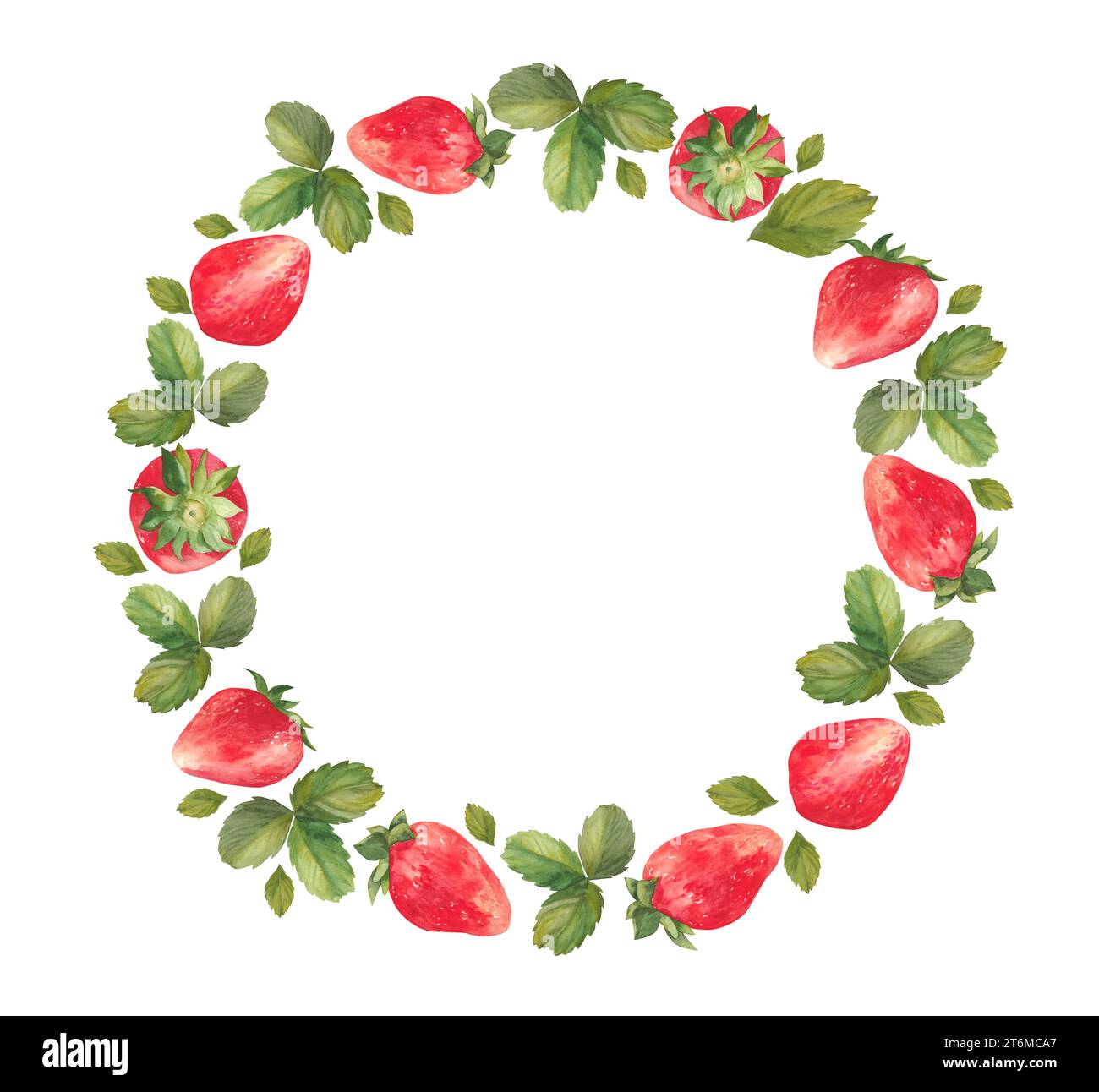 Strawberry Round watercolor Frame. Bright red berries and green leaves ...