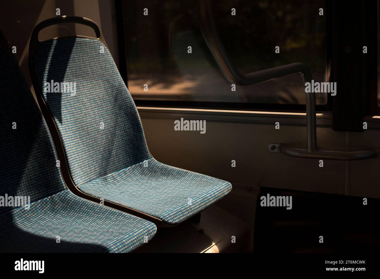 Sitting on bus. Public transport details. Blue passenger seat. Interior ...