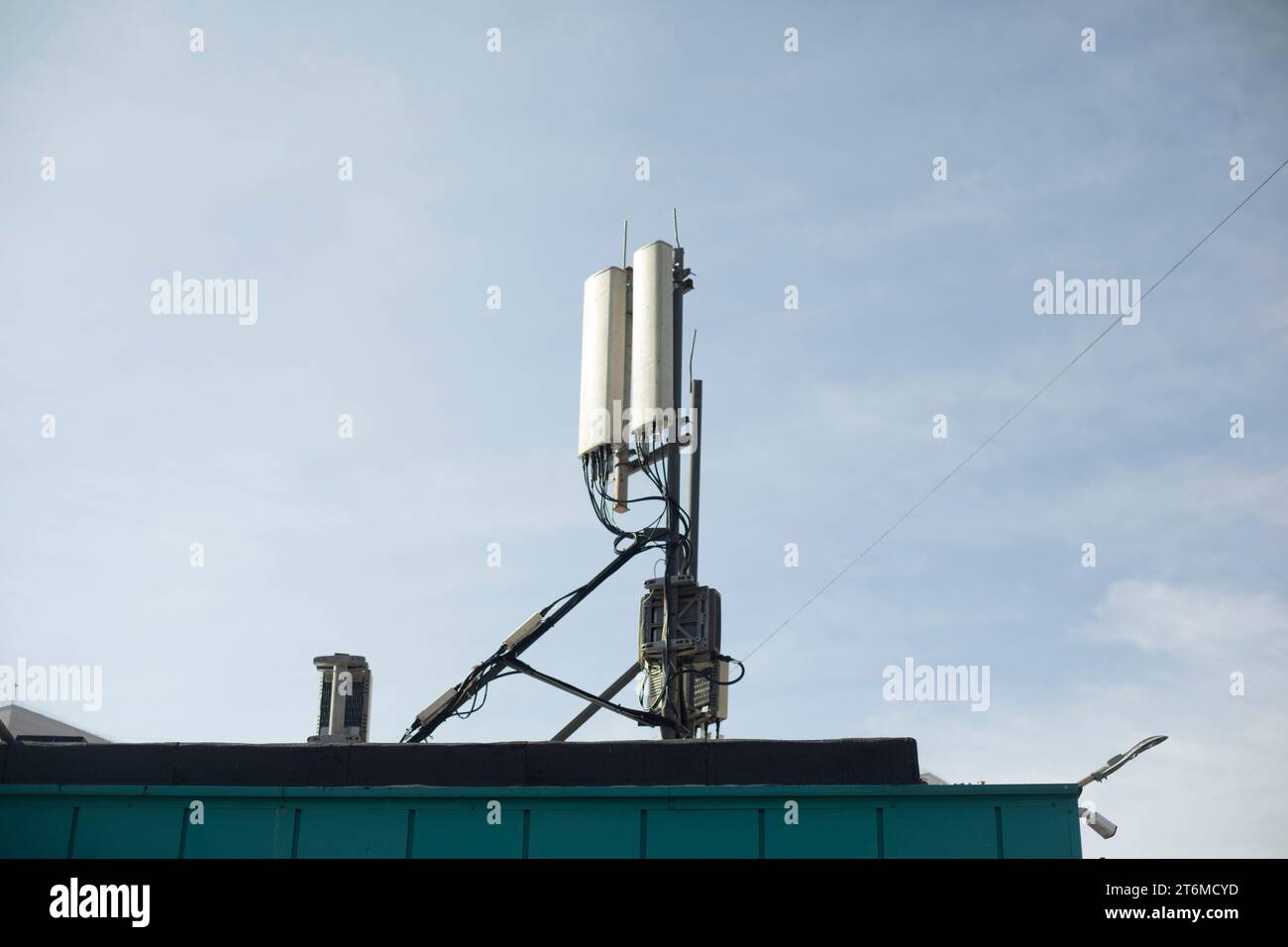 Rooftop antennas. Radio communication on building. Signal transmission ...