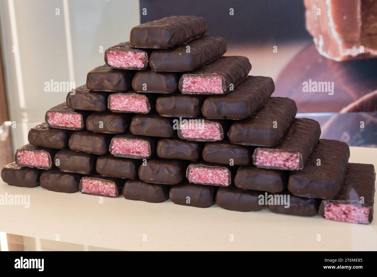 Pyramid of sliced dark cherry chocolate bars in Adelaide, Australia ...