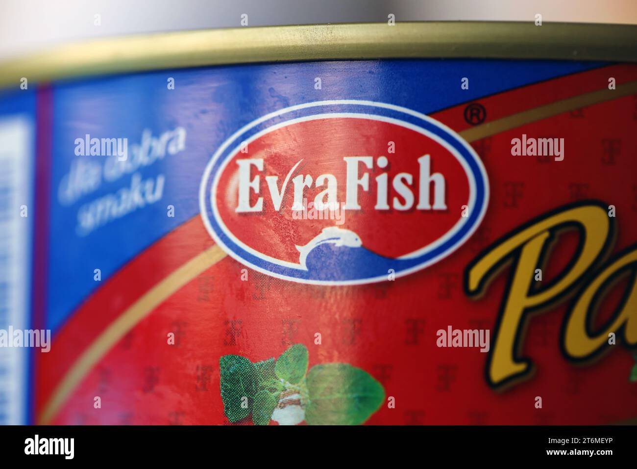 KYIV, UKRAINE - 4 MAY, 2023: Evrafish logo on metal pack of polish food ...