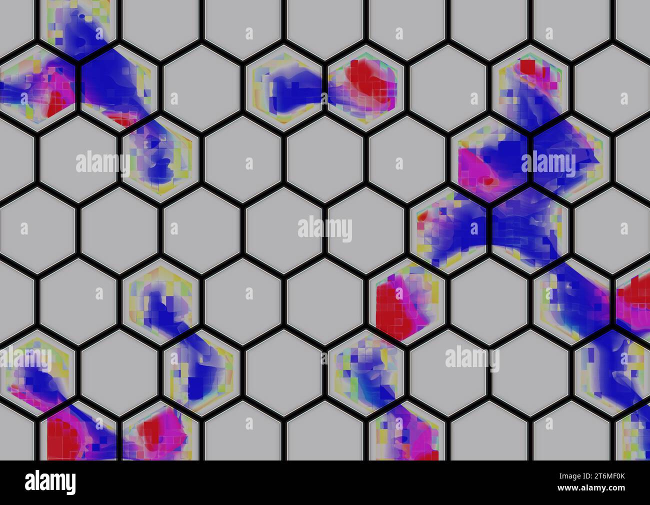 Squares of color painted in irregular shapes within a beveled hexagonal ...