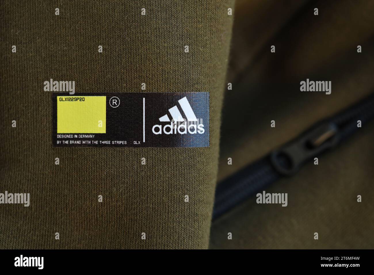 KYIV, UKRAINE - 4 MAY, 2023: Adidas company logo on new brand clothes ...