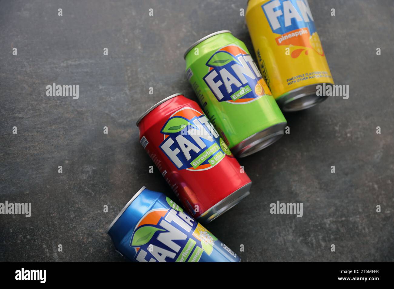 KYIV, UKRAINE - 4 MAY, 2023: Fanta soft drink brand tin cans with ...