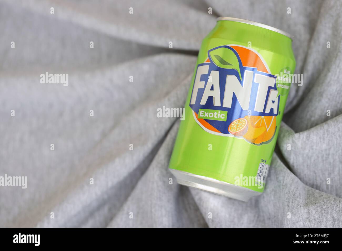 KYIV, UKRAINE - 4 MAY, 2023: Fanta soft drink brand tin can with exotic ...