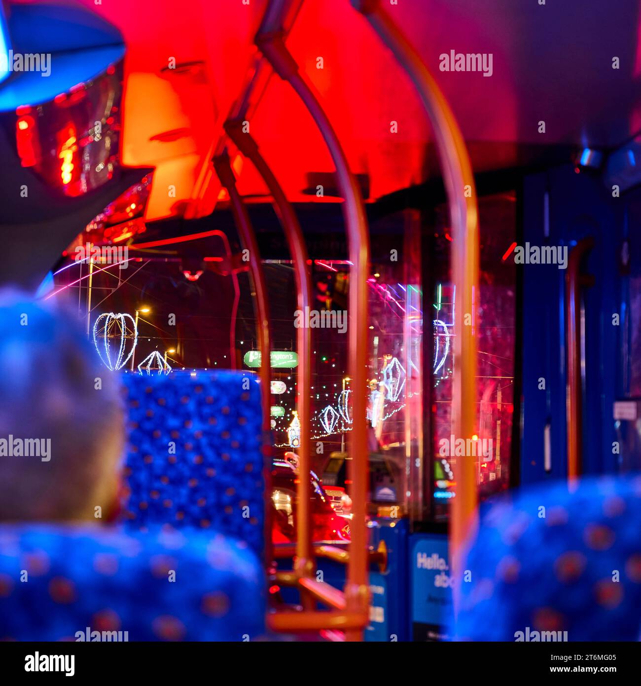 Lights reflecting off the ceiling of a bus at night Stock Photo - Alamy