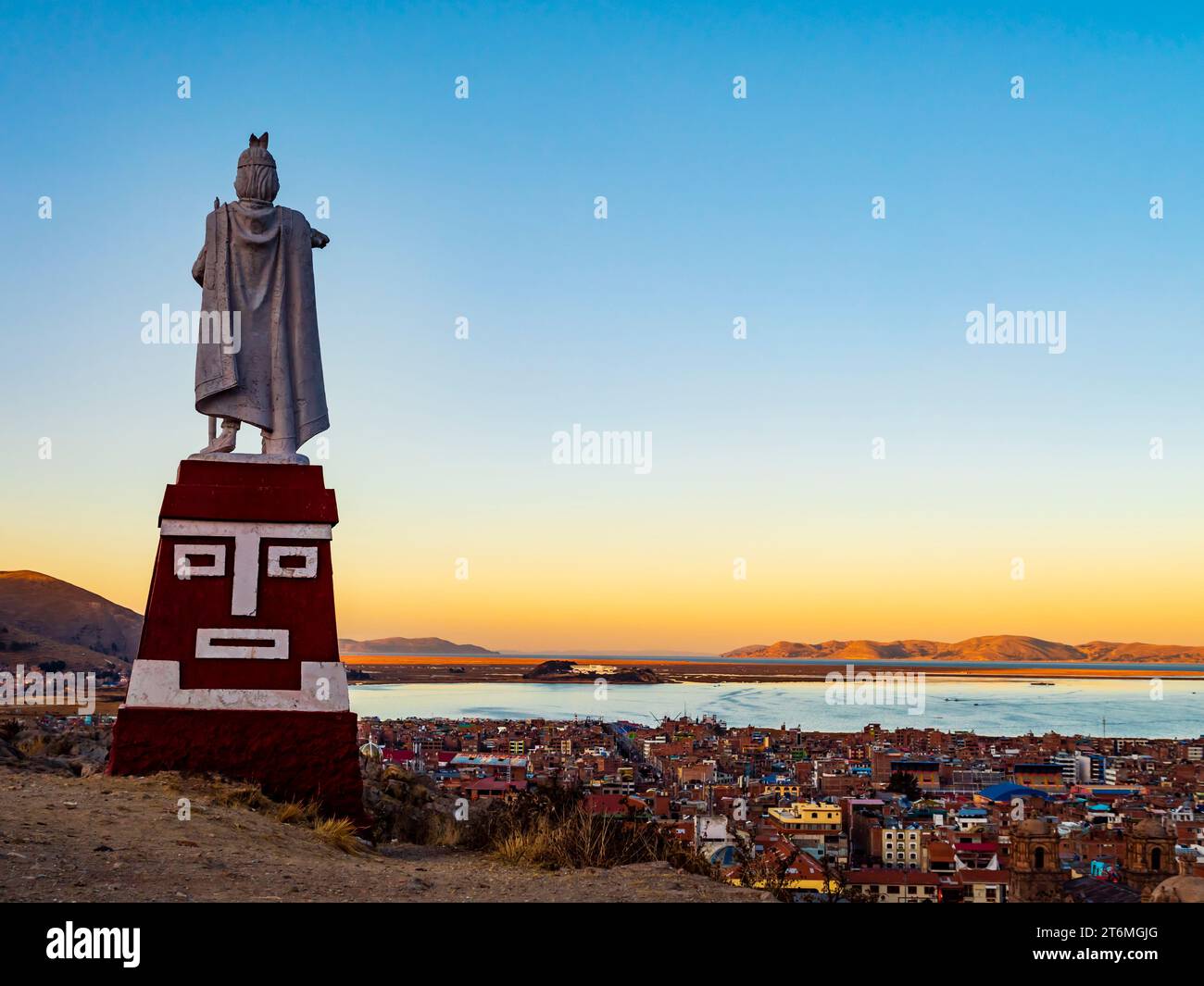 Stunning aerial view of lake Titicaca at sunset from Huajsapata Hill ...