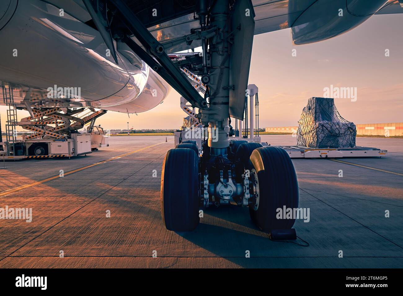 Landing gear of large plane. Preparation cargo airplane before flight ...
