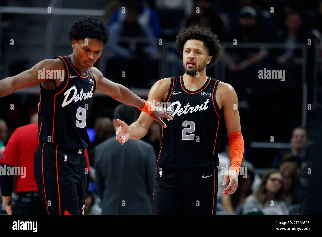 Detroit Pistons guard Cade Cunningham (2) slaps hands with forward ...