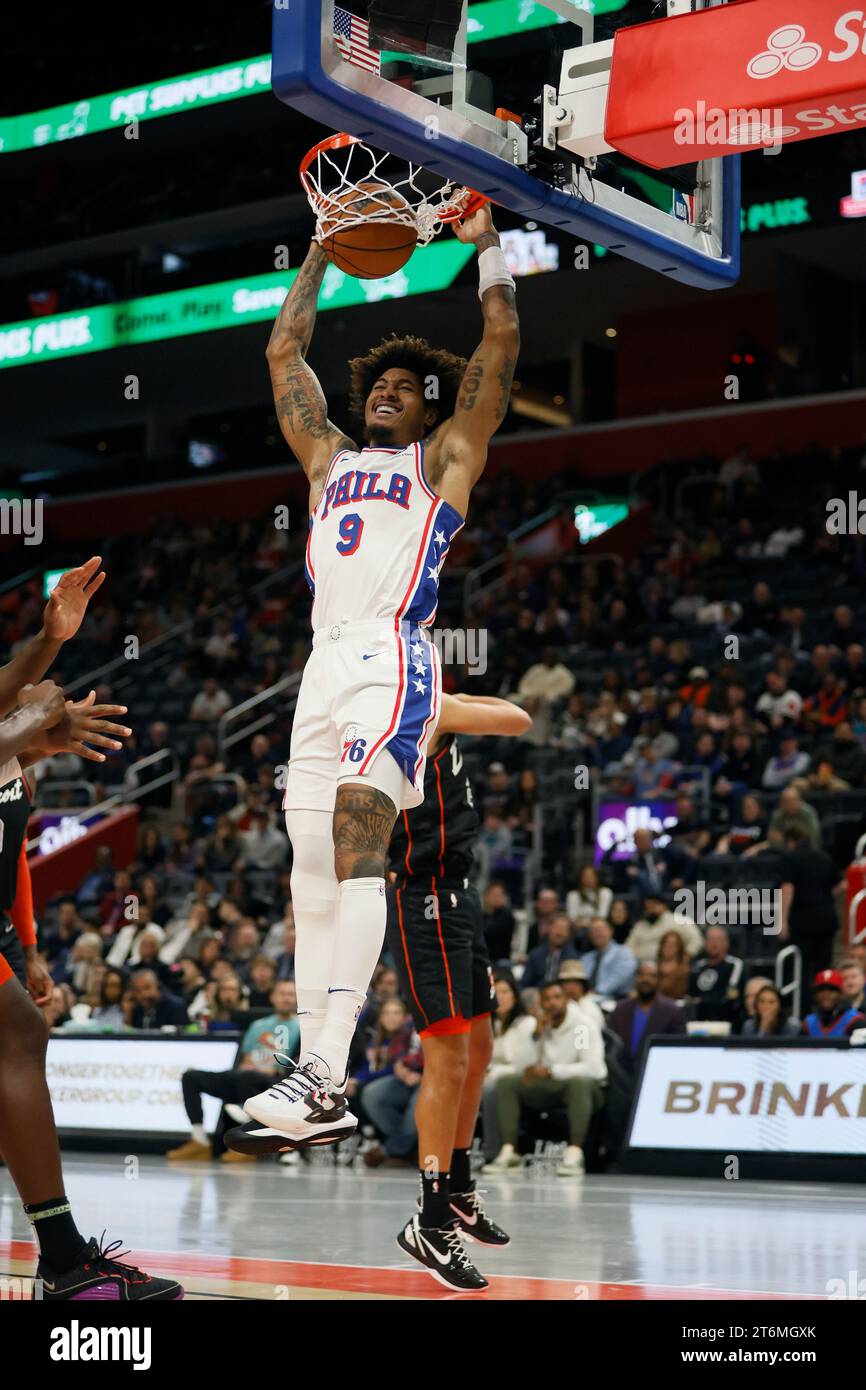 Philadelphia 76ers guard Kelly Oubre Jr. (9) dunks past Detroit Pistons ... Philadelphia 76ers guard Kelly Oubre Jr. (9) dunks past Detroit Pistons ...