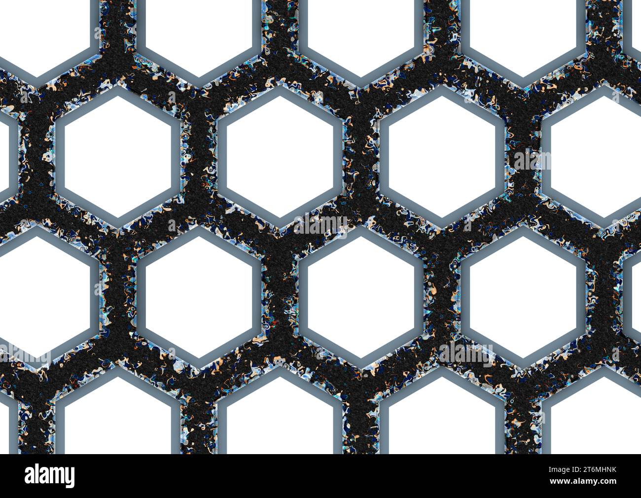 Space between white hexagonal cells filled with rounded color shapes ...