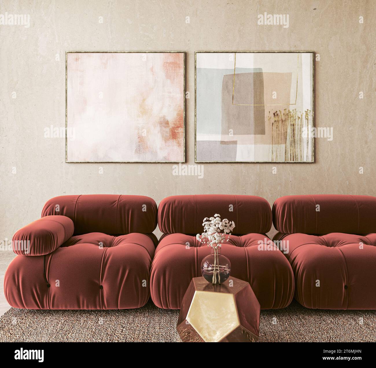 Abstract art above plush red sofas in chic interior Stock Photo - Alamy