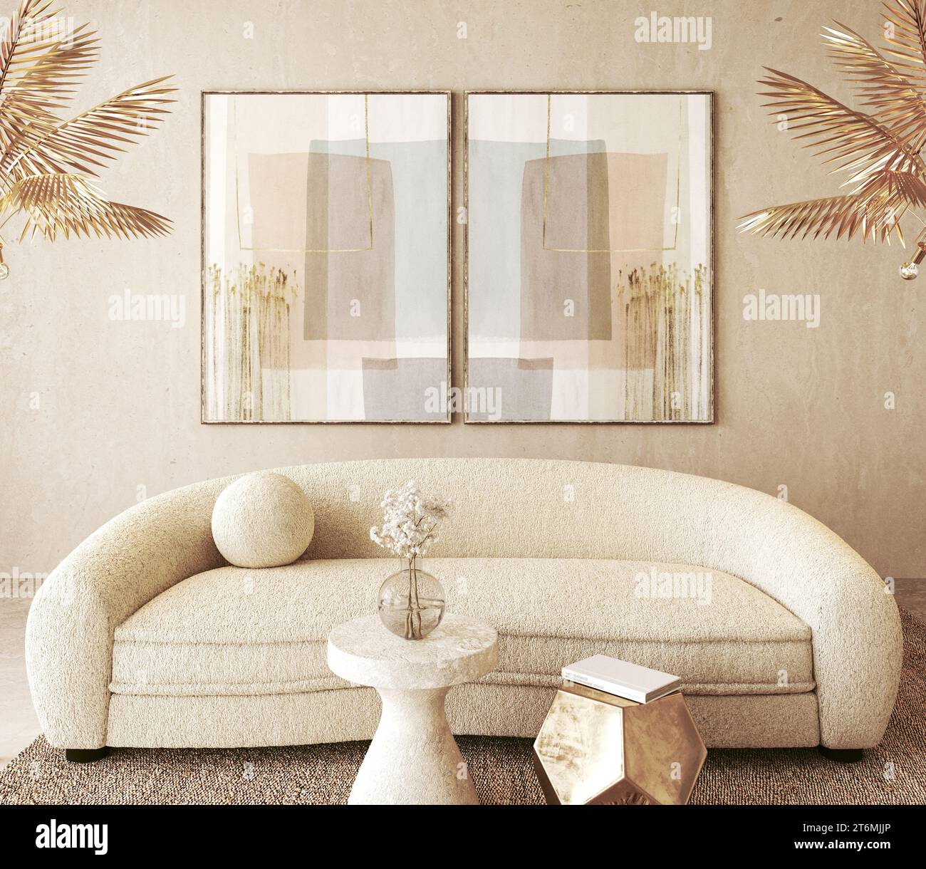 Abstract art and curved sofa in modern living space Stock Photo - Alamy