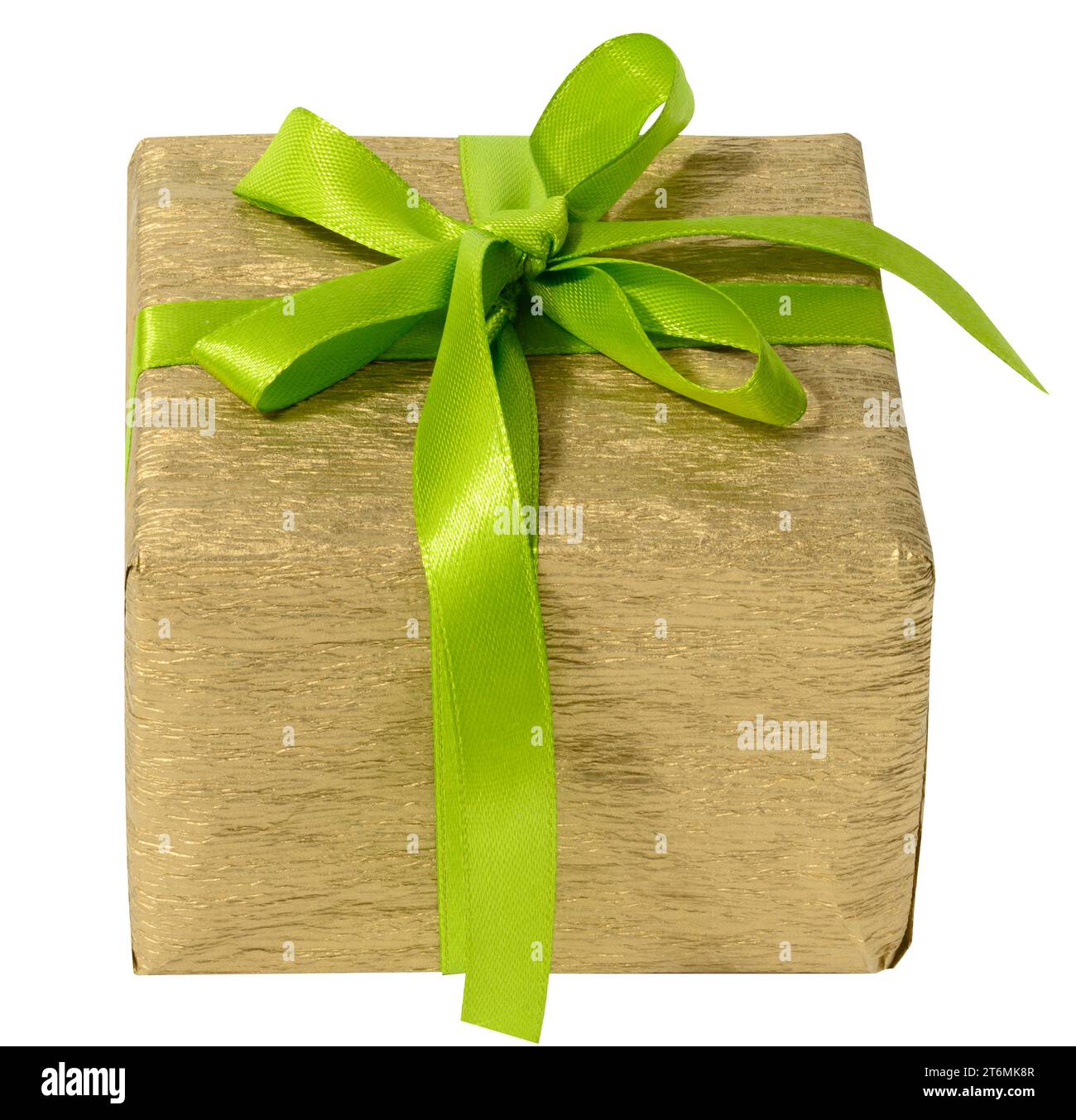 Box is wrapped in yellow gift wrapping and green ribbon on a white ...