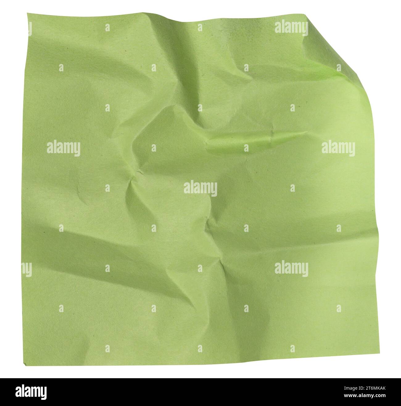Crumpled green sheet of paper on white isolated background, sticky note ...