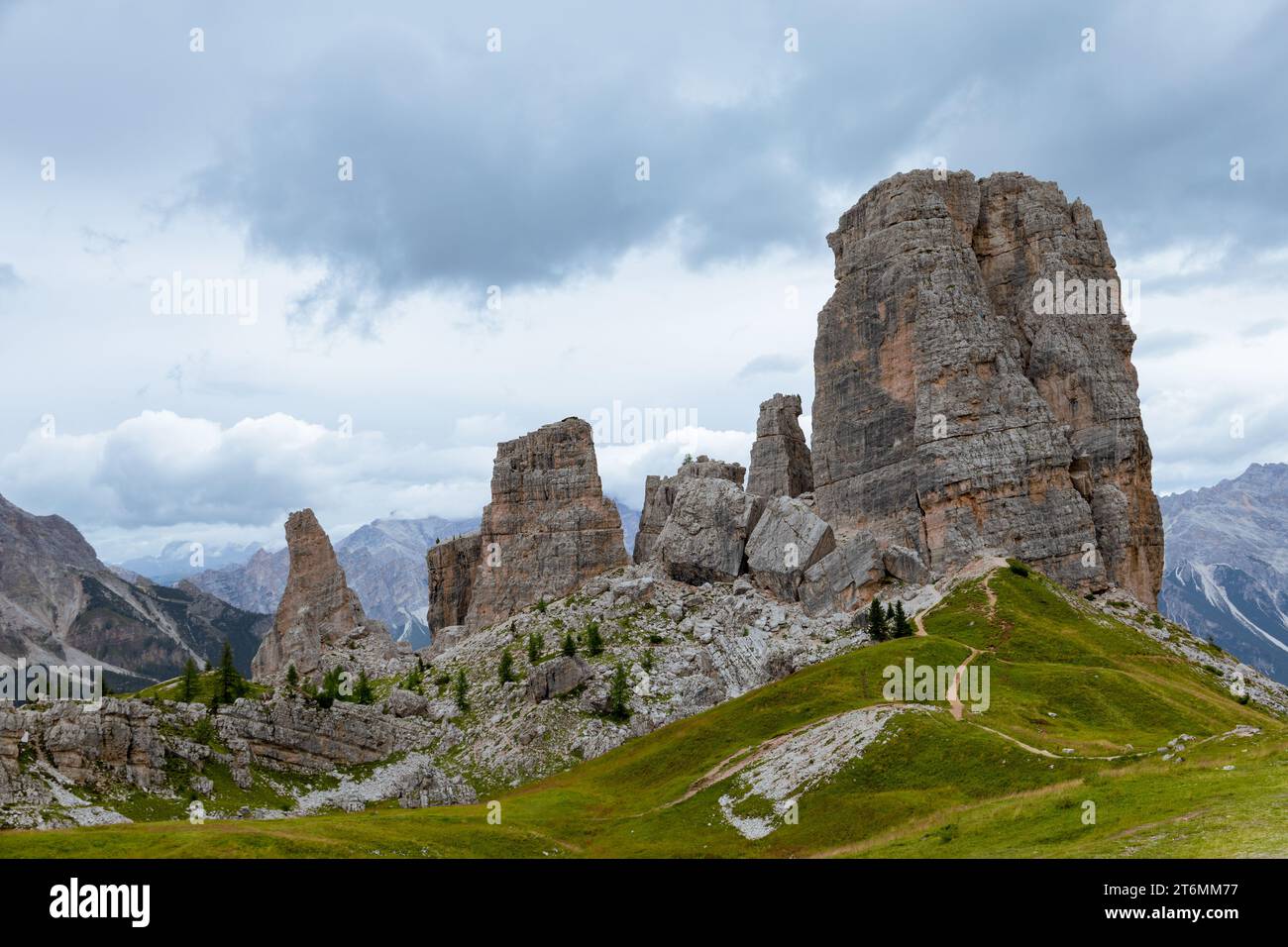 View of Cinque Torri from refuge Scoiattoli, Dolomites, Italy Stock ...