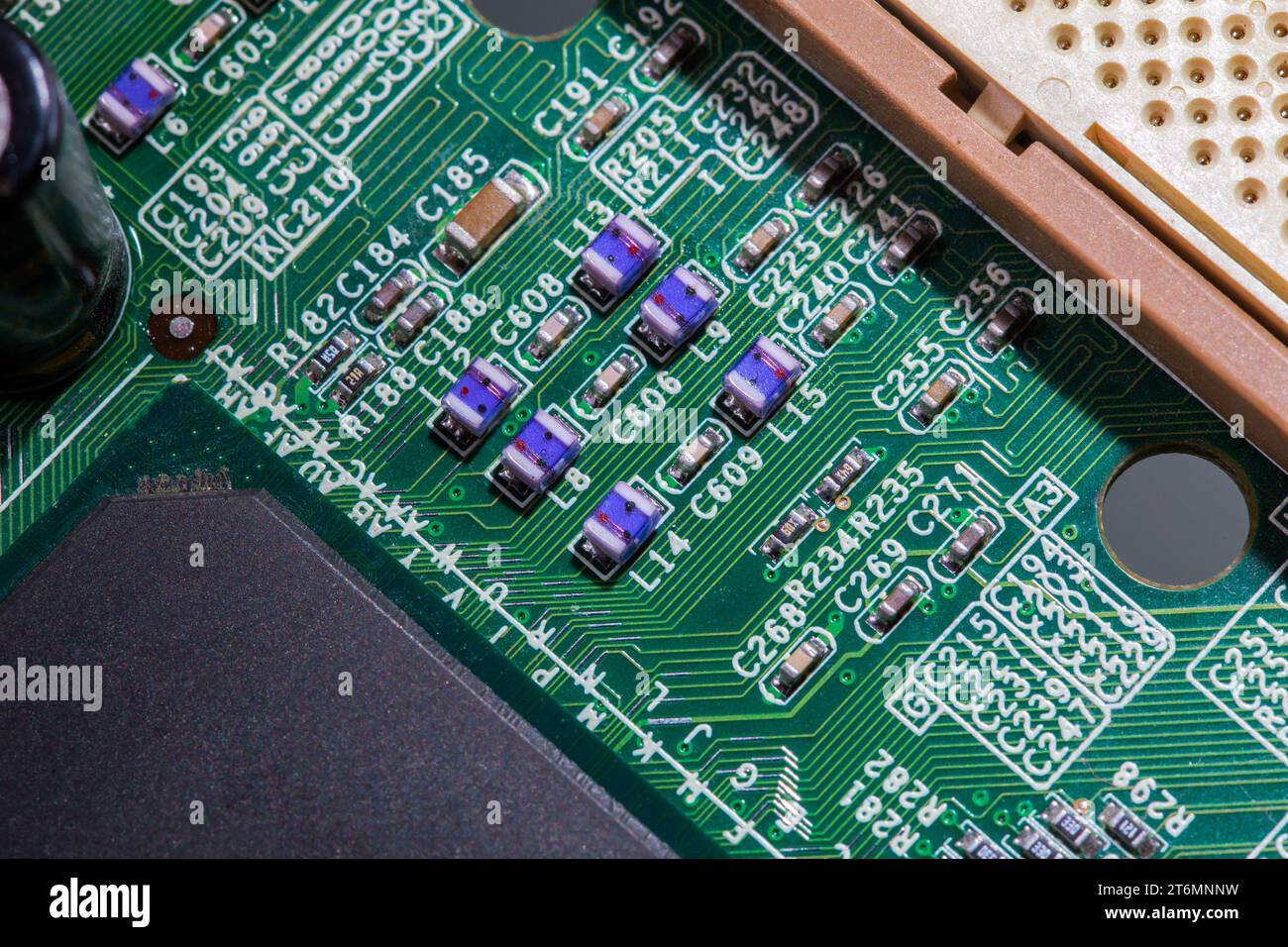 old digital circuit board with microprocessors and components, closeup ...