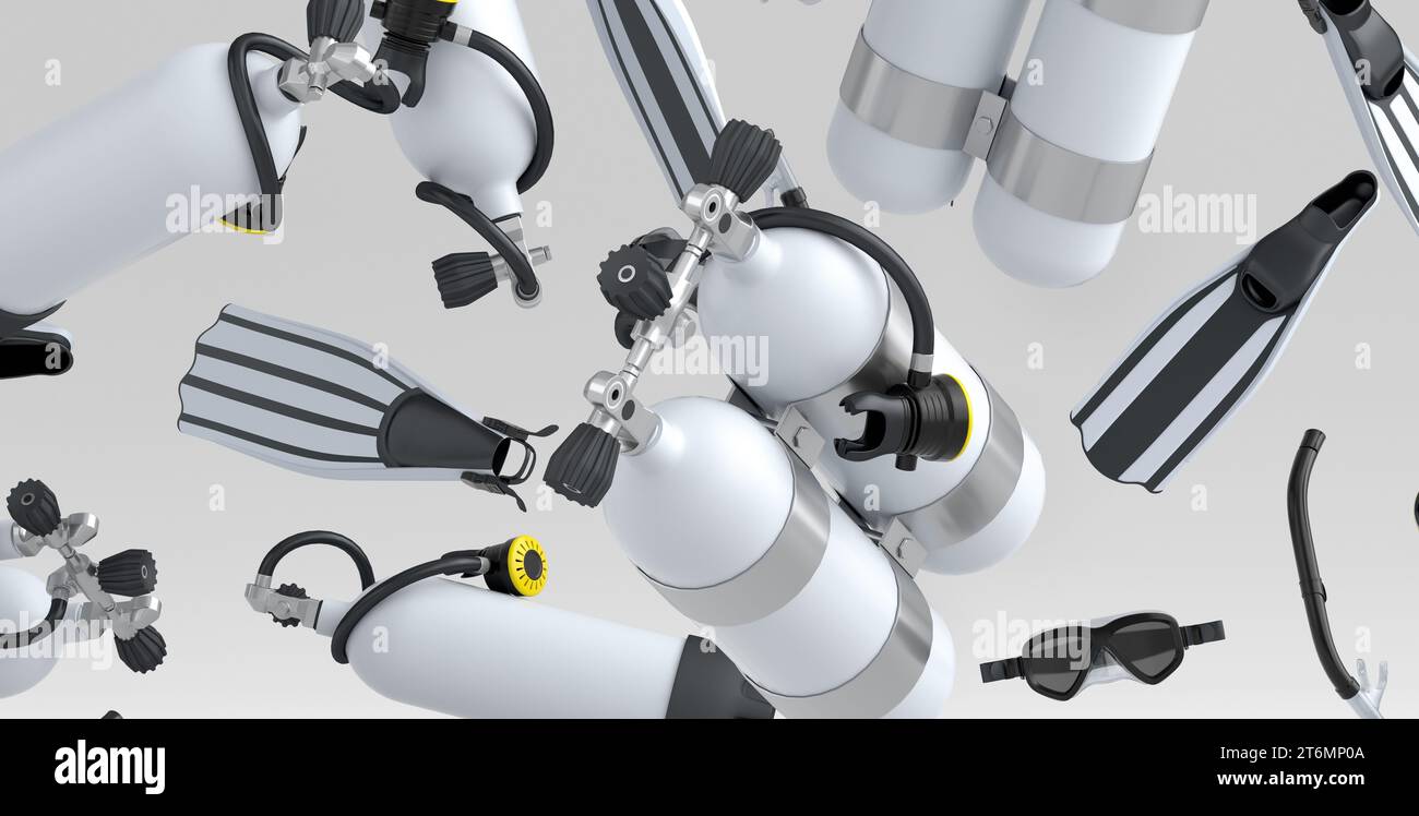 Many of flying scuba stuff and beach accessories like oxygen tank, flip ...