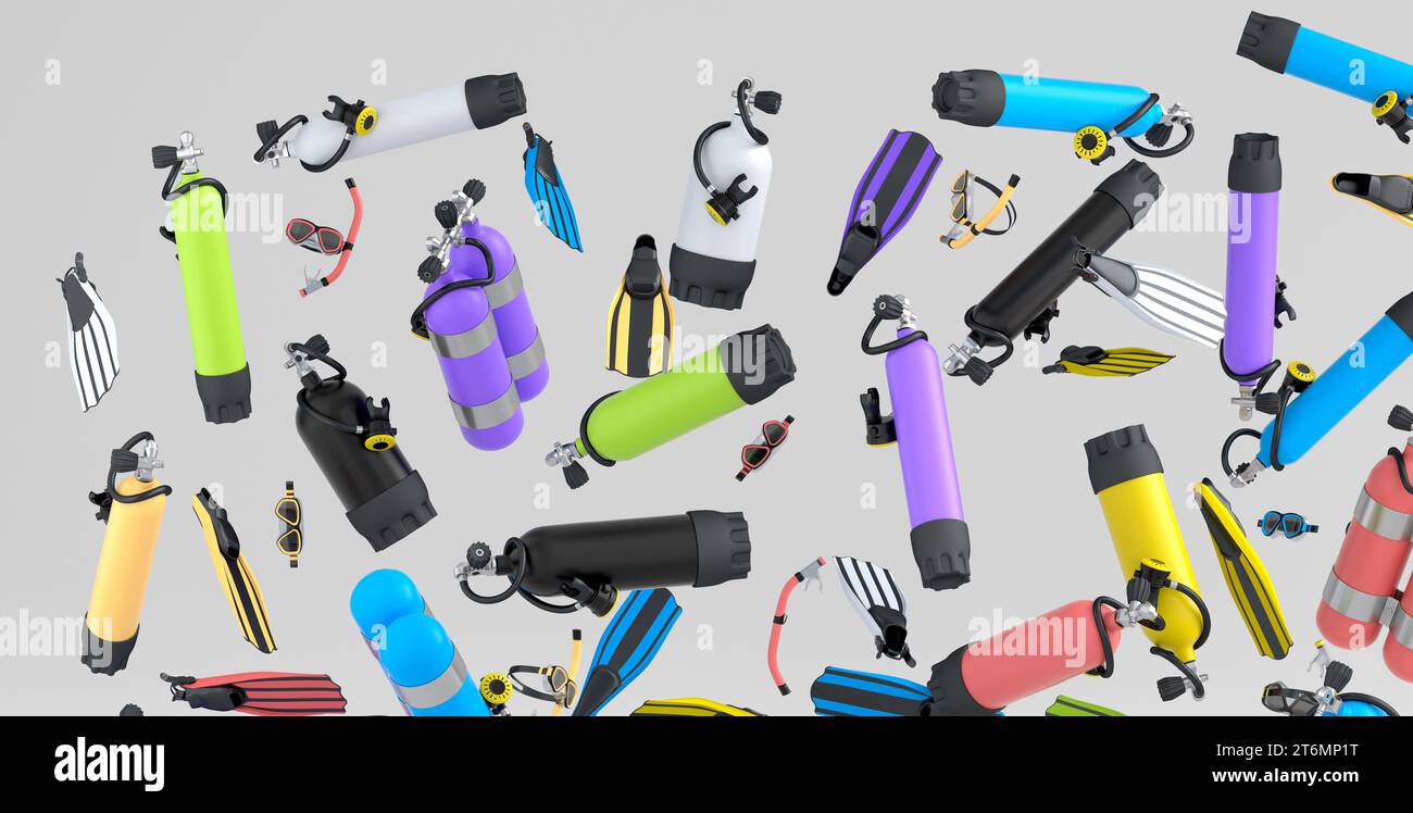 Many of flying scuba stuff and beach accessories like oxygen tank, flip ...