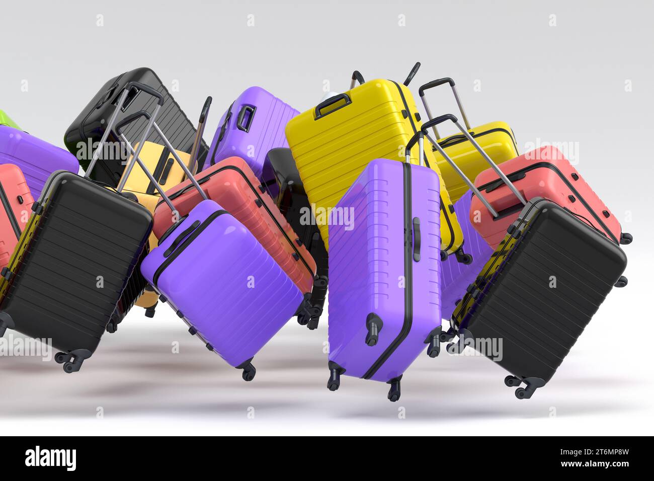 Many of flying suitcase or baggages isolated on white background.. 3d ...