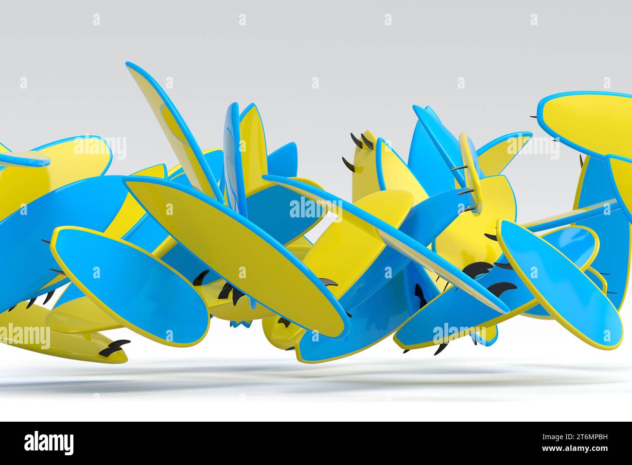 Many of flying surfboard isolated on white background. 3d render of ...