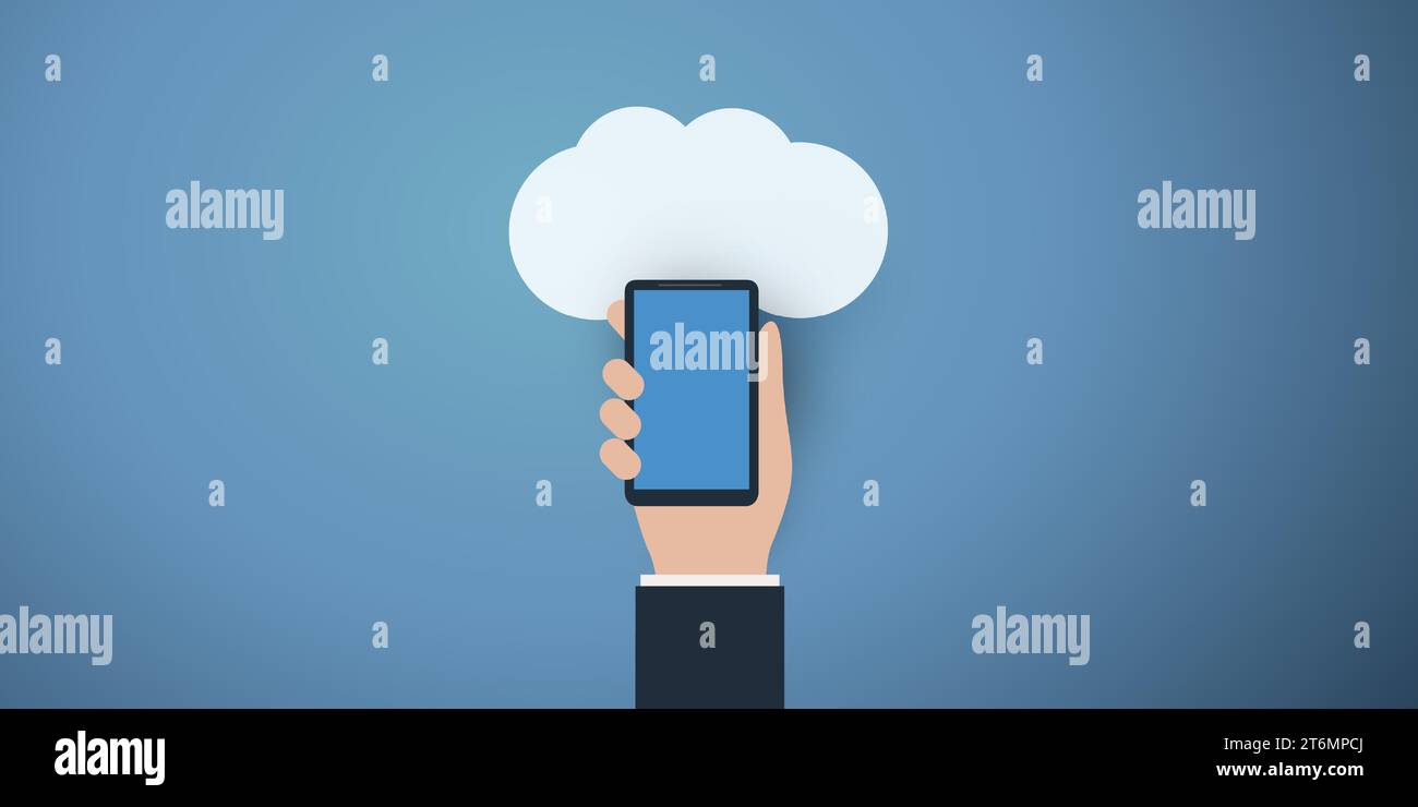 Hand Holding a Smart Phone - Cloud Computing Design Concept, Digital ...