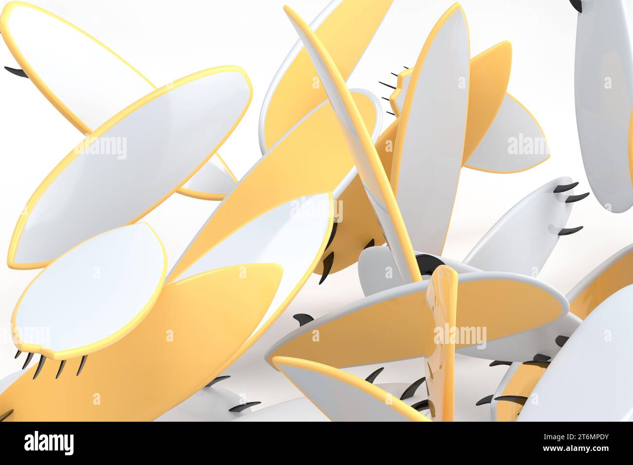 Many of flying surfboard isolated on white background. 3d render of ...