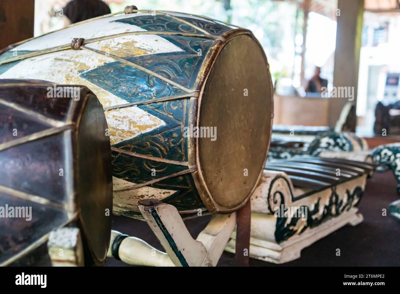 Gamelan and hand drums. Indonesian Javanese musical instrument, close ...