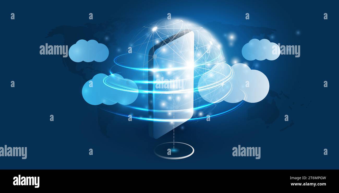 Futuristic Blue Cloud Computing Mobile Networks Telecommunications Concept Design With Glowing