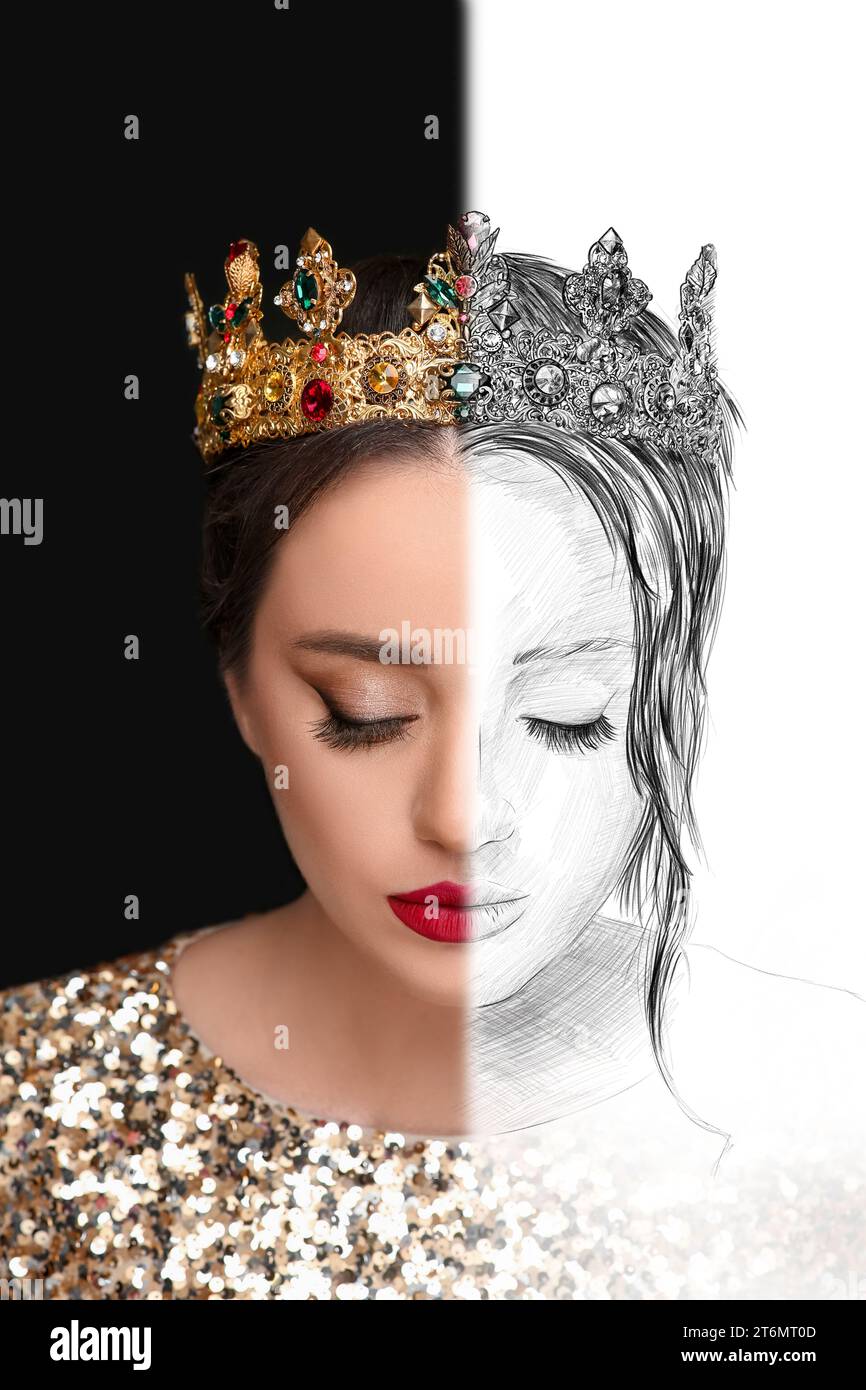 Beautiful woman wearing luxurious crown, combination of photo and sketch Stock Photo - Alamy