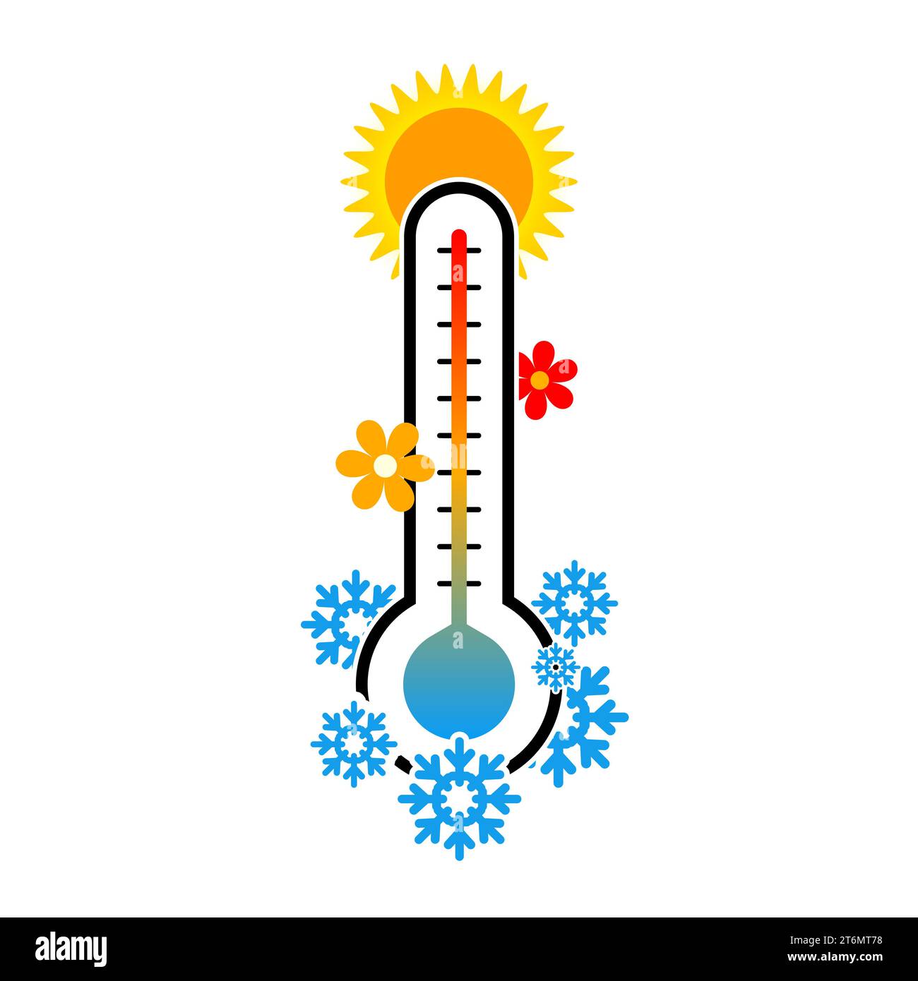 Heat control and energy saving. Thermometer with snowflakes, flowers ...