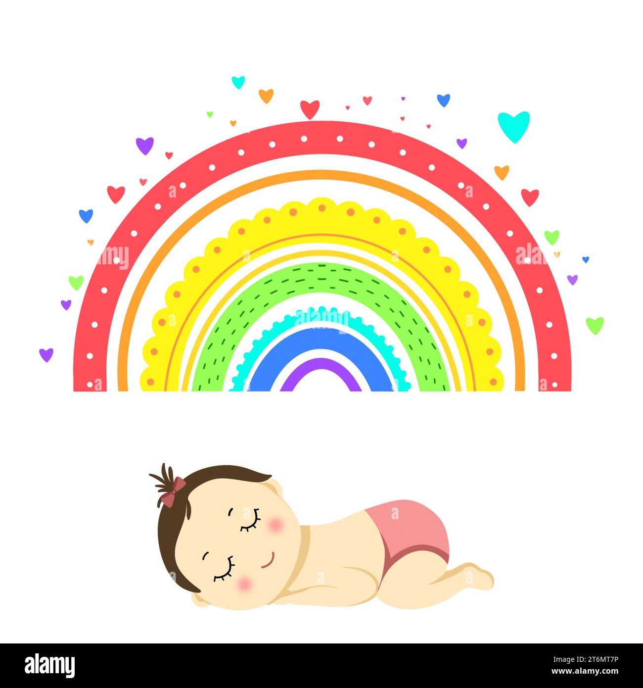 National Rainbow Baby Day card. Rainbow and hearts over sleeping child ...