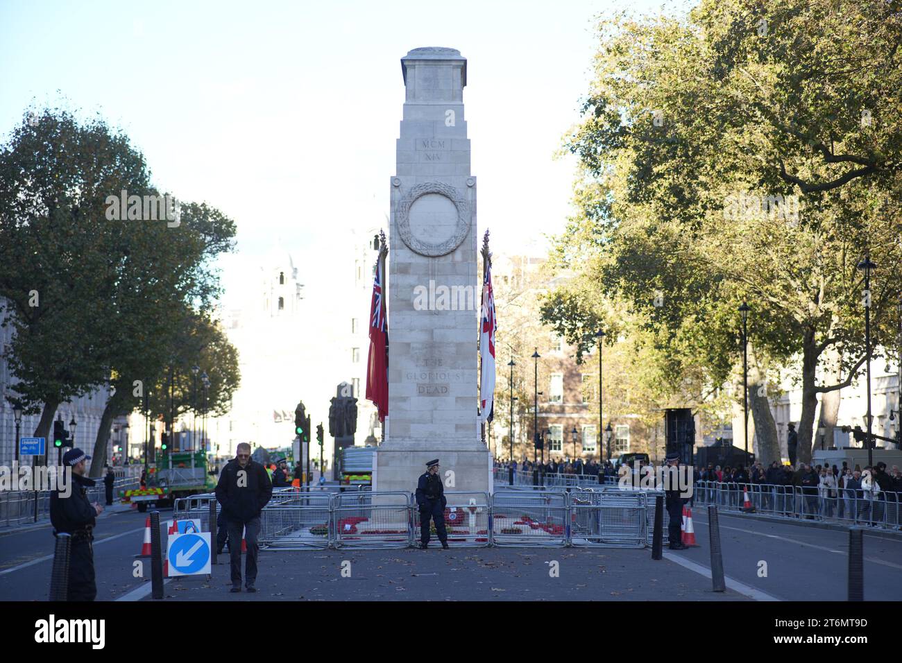 Police officers and barriers surround the Cenotaph after the Armistice ...
