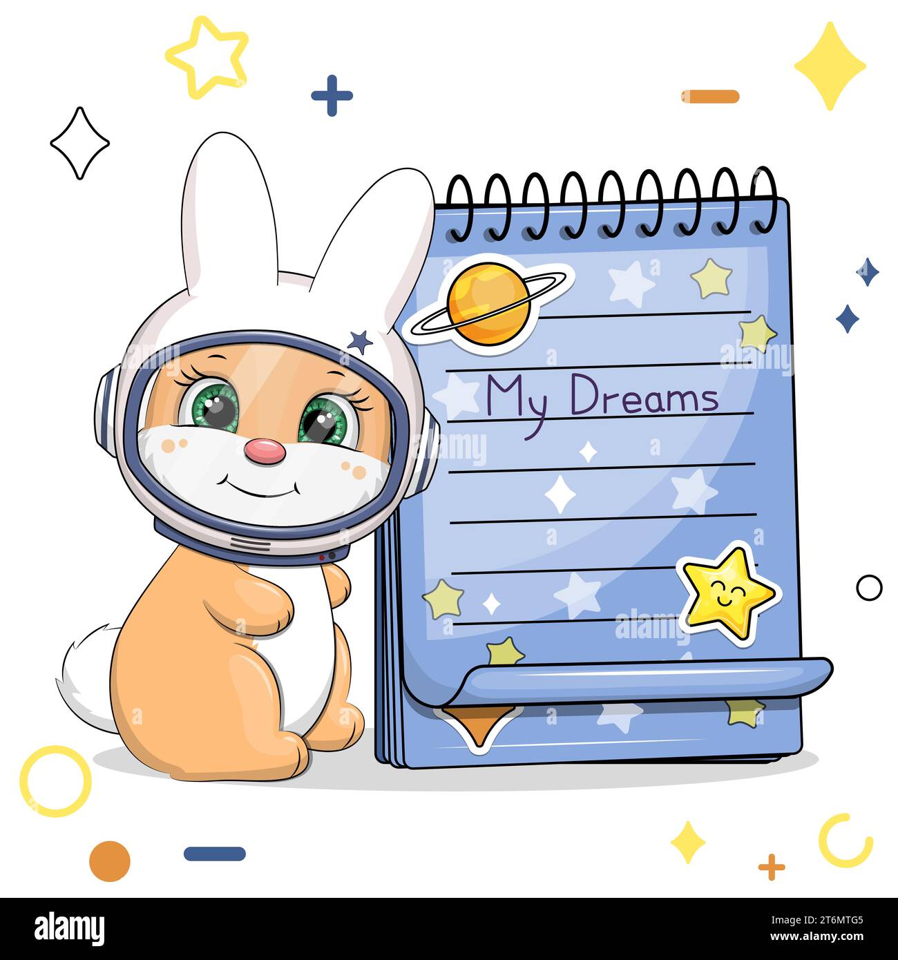 A cute cartoon rabbit astronaut with a blue notebook with stickers. Vector illustration of an ...