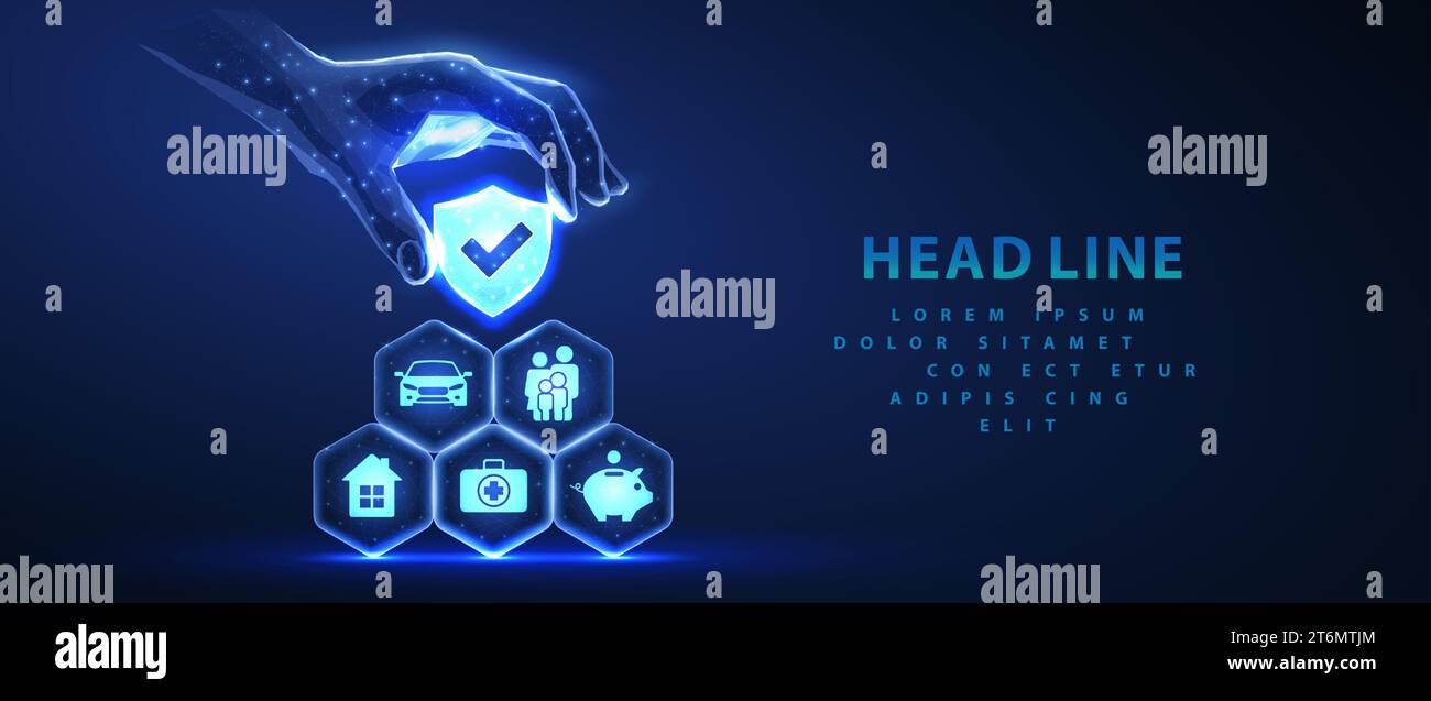 Insurance system. Hexagons made pyramid and hand hold the top element ...