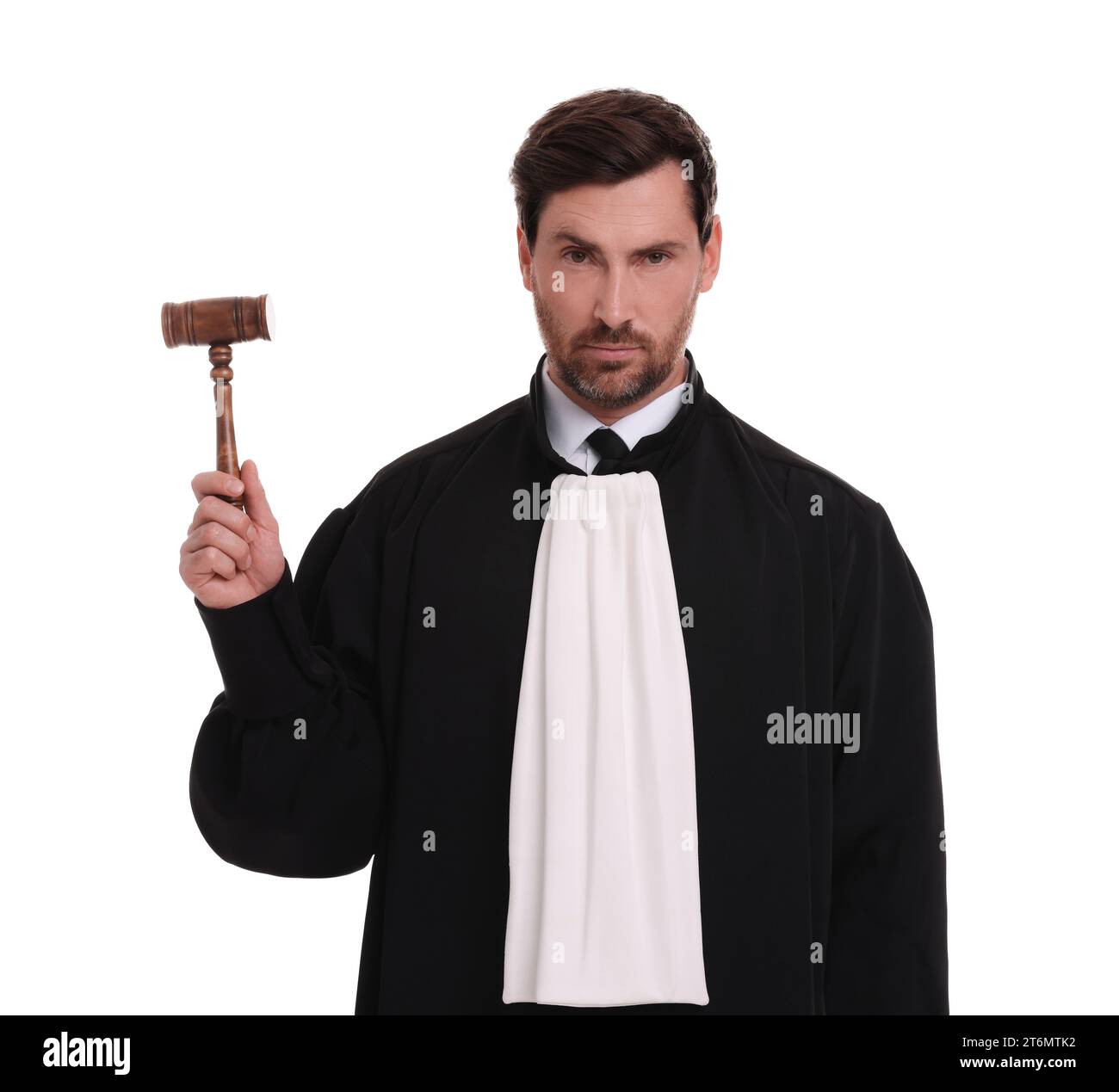 Judge in court dress with gavel on white background Stock Photo - Alamy
