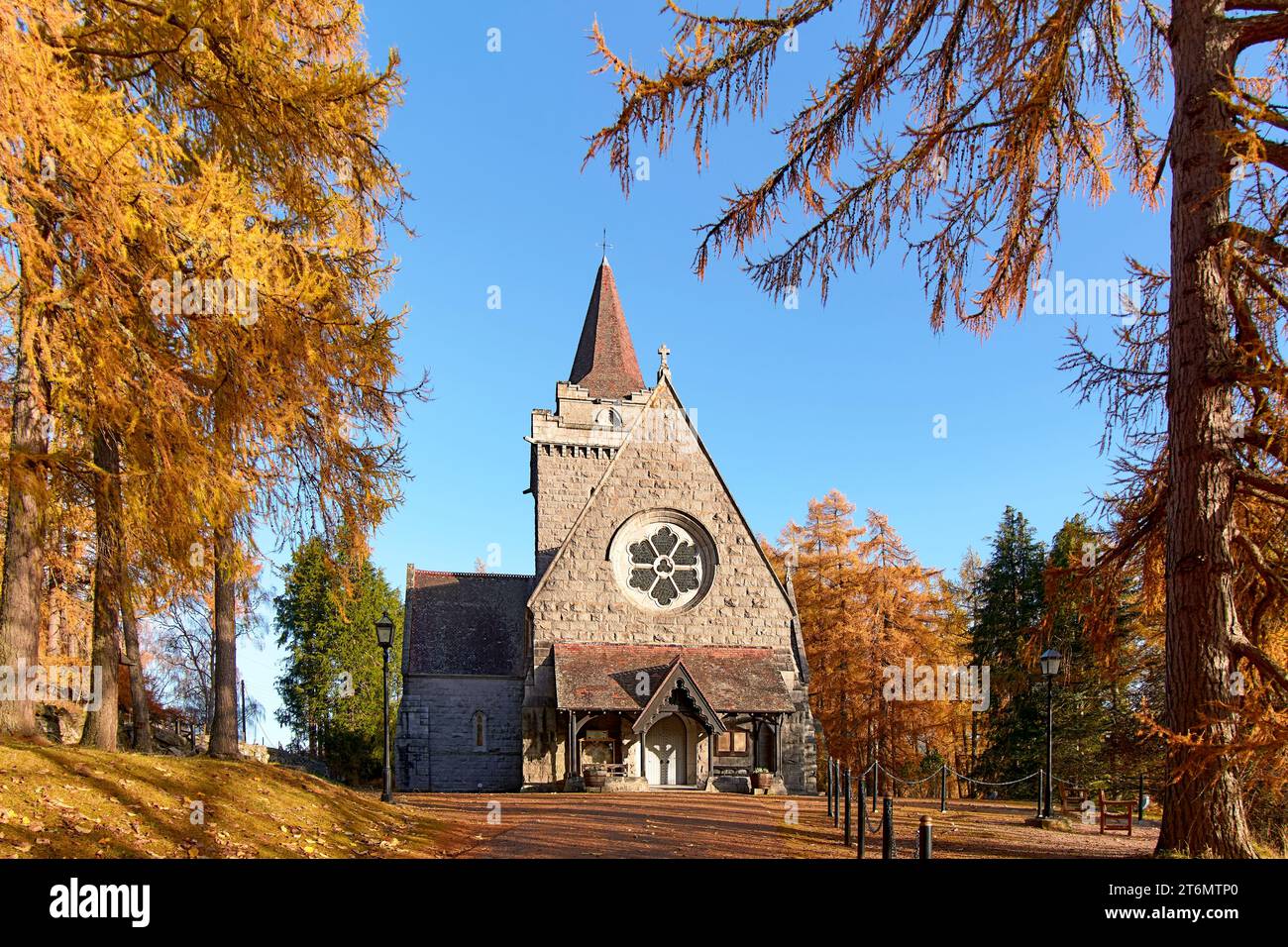 Balmoral Estates Crathie Scotland blue sky and Crathie Kirk or church ...