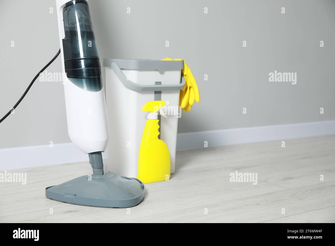 Modern steam mop, bucket with gloves and spray of cleaning product on ...