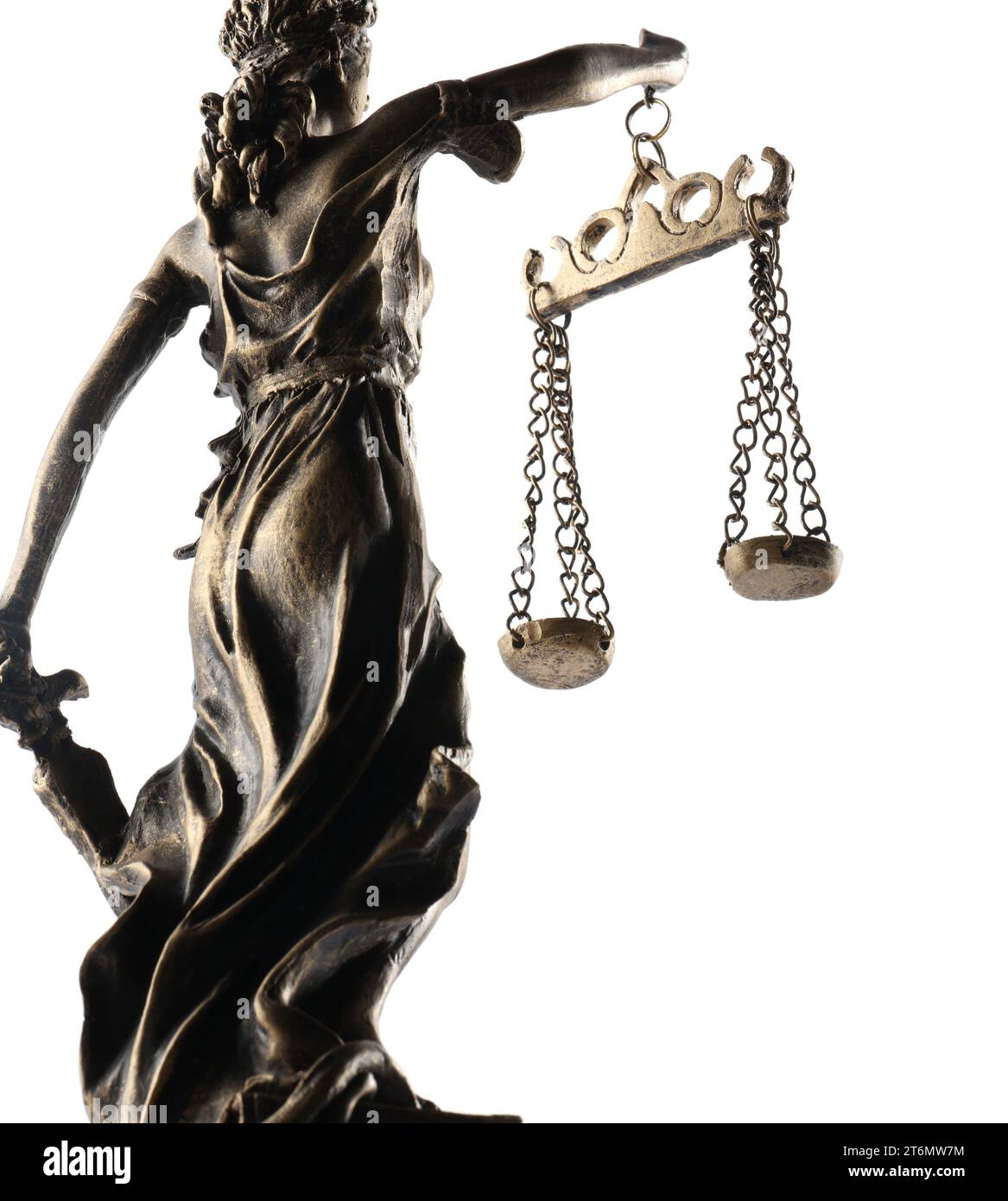 Statue of Lady Justice isolated on white, back view. Symbol of fair ...