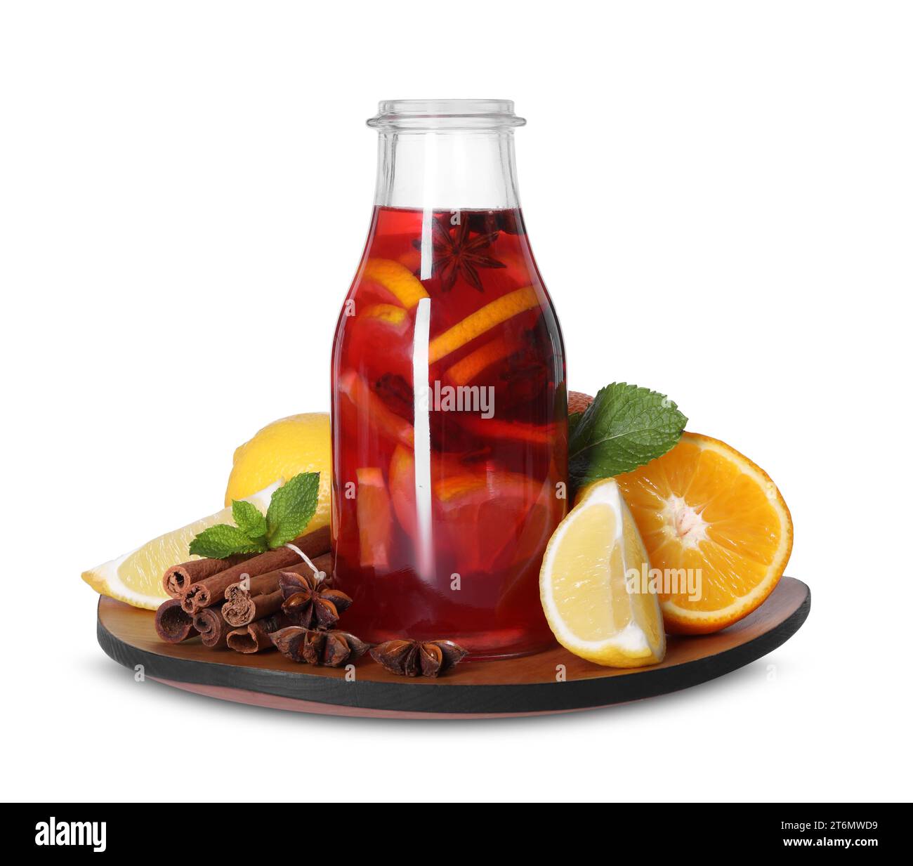 Bottle with tasty punch drink and ingredients isolated on white Stock ...