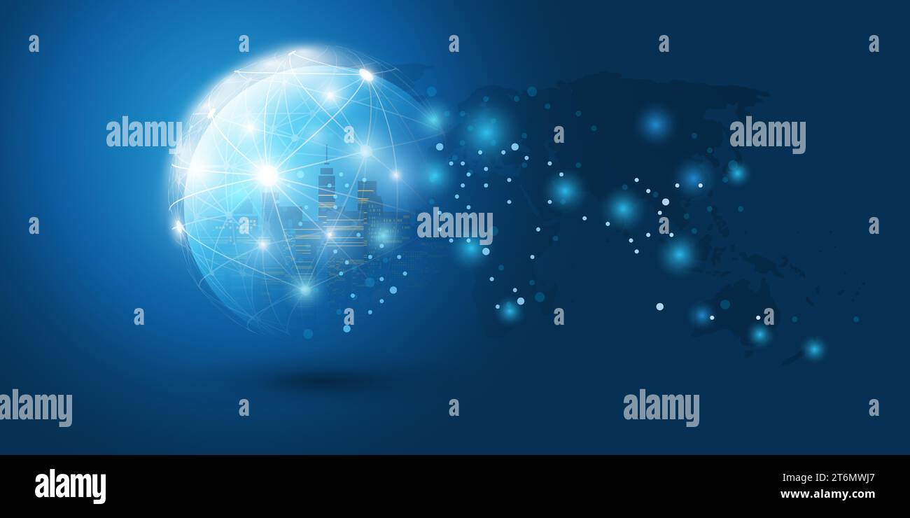 Futuristic Smart City, IoT and Cloud Computing Design Concept with Globe, World Map and Glowing ...