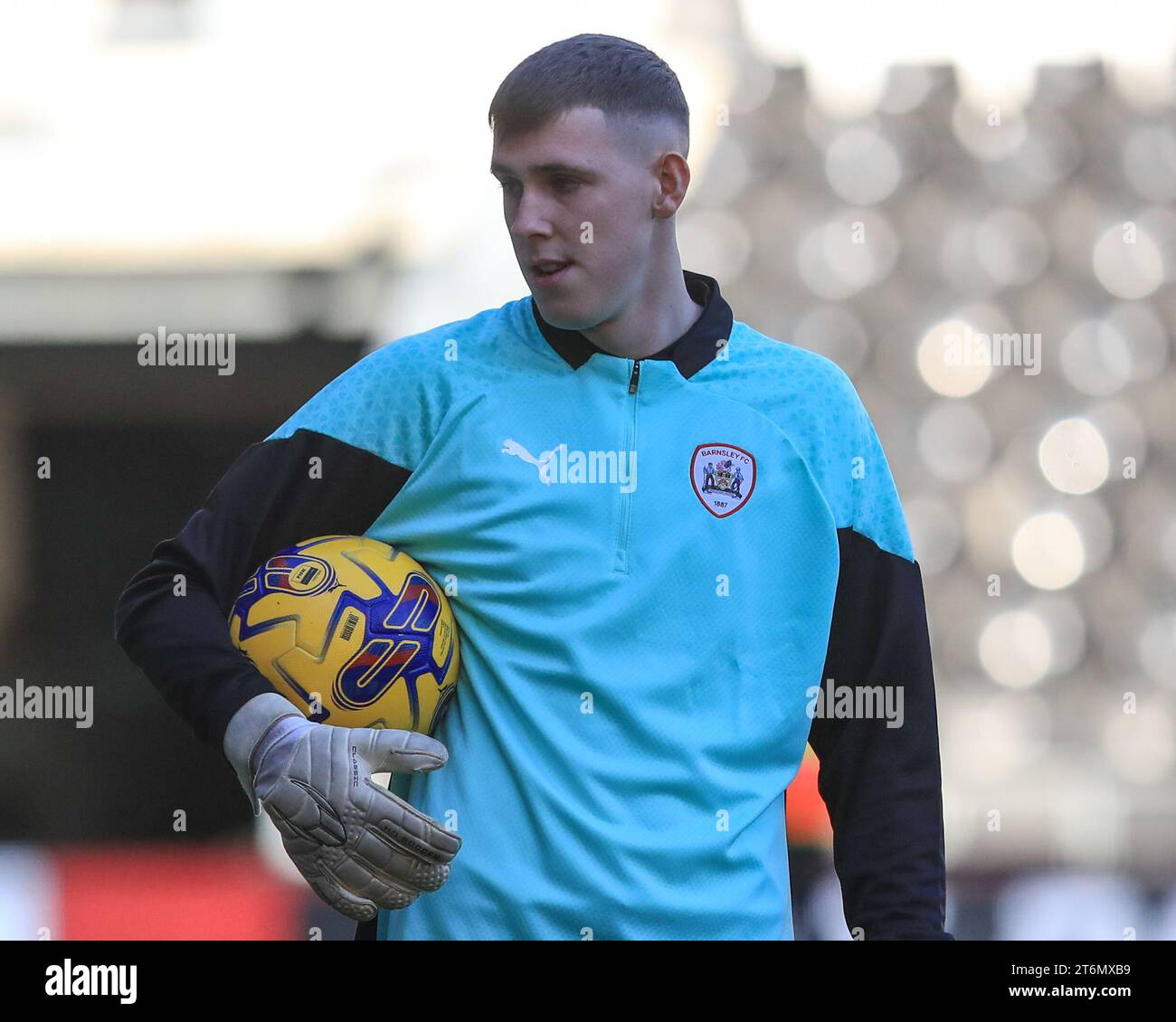 Kieren Flavell #50 of Barnsley in the pregame warmup session during the ...