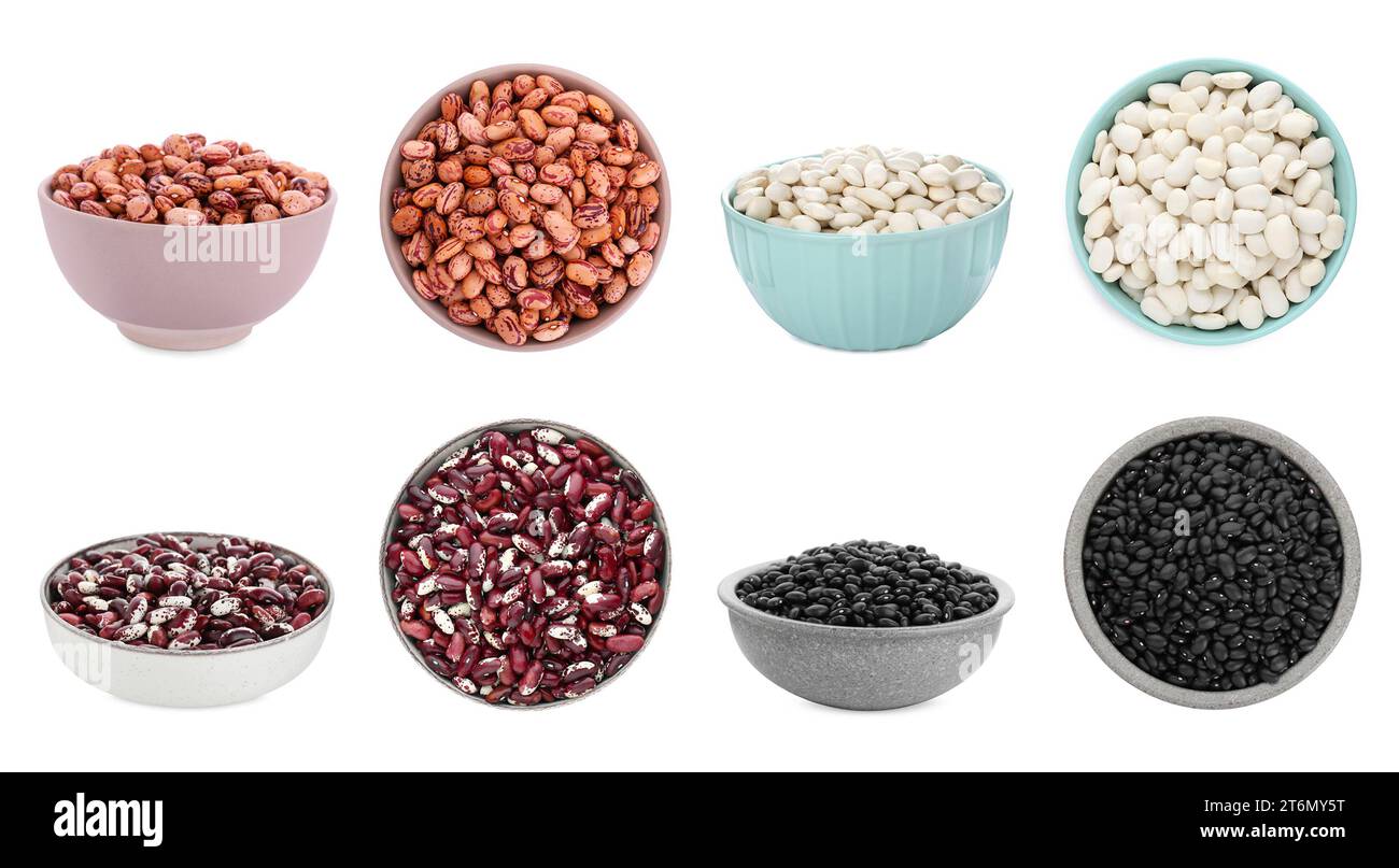 Different raw kidney beans in bowls isolated on white. Collection with ...