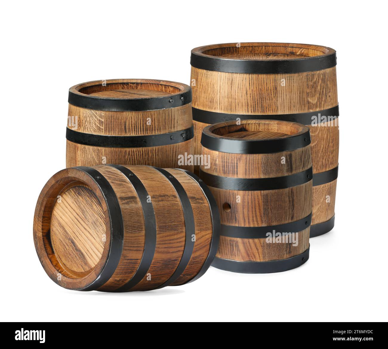Set of many wooden barrels on white background Stock Photo - Alamy