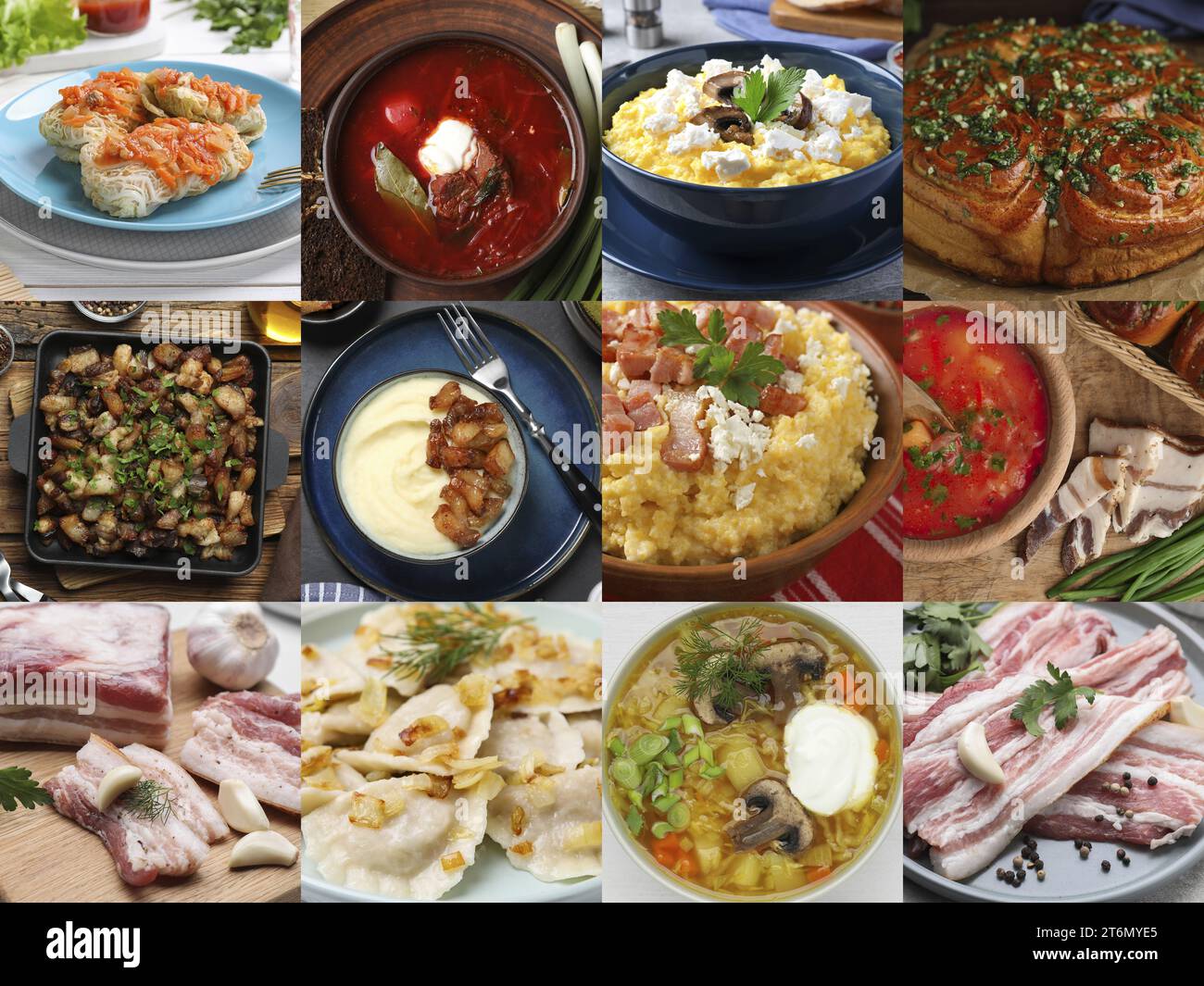 Different tasty Ukrainian dishes. Collage with borscht, cabbage rolls ...
