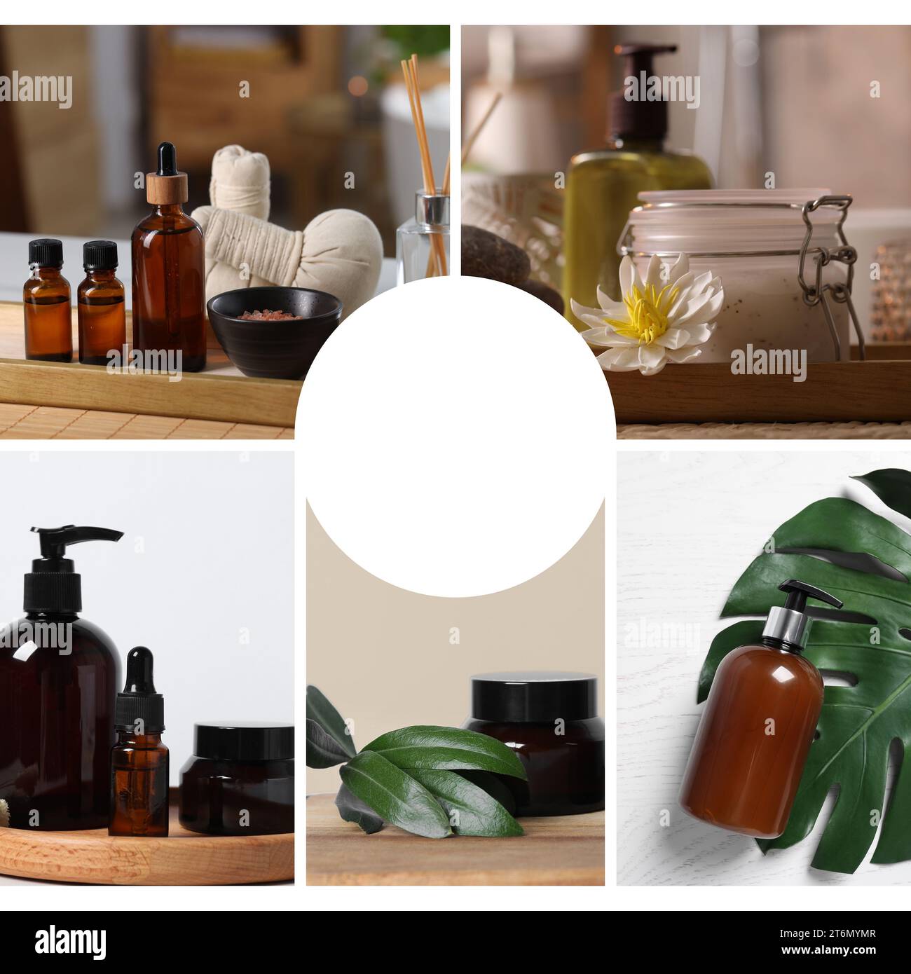 Spa treatment. Collage with different skin care products and supplies ...