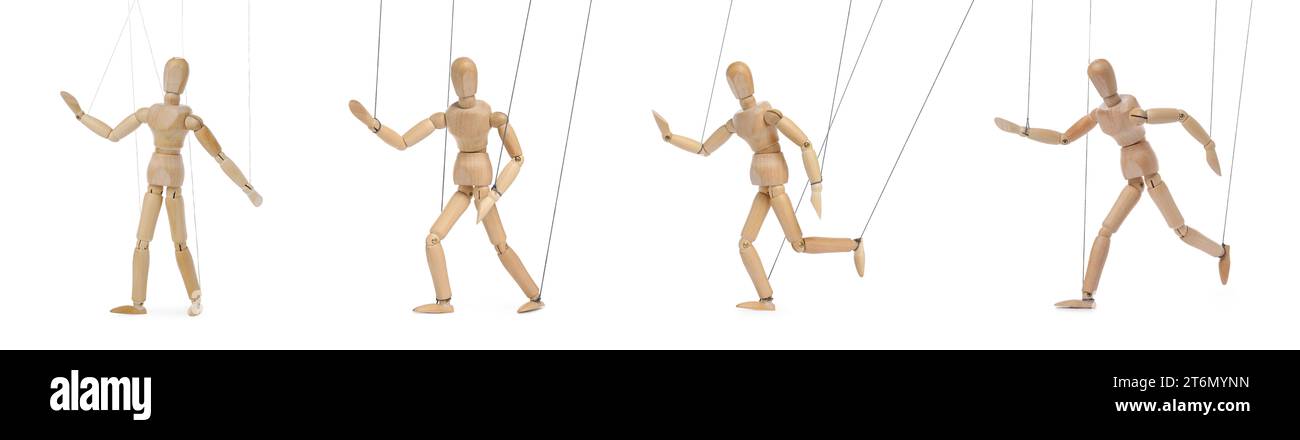 Wooden puppet with strings on white background, collection of different ...