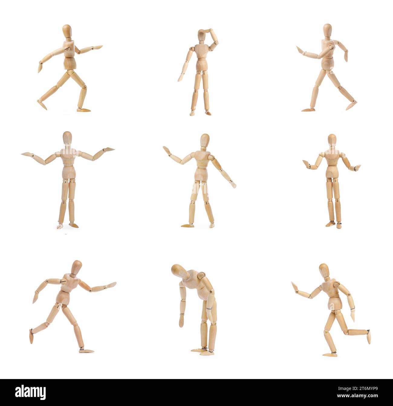 Wooden puppet on white background, collection of different poses Stock ...